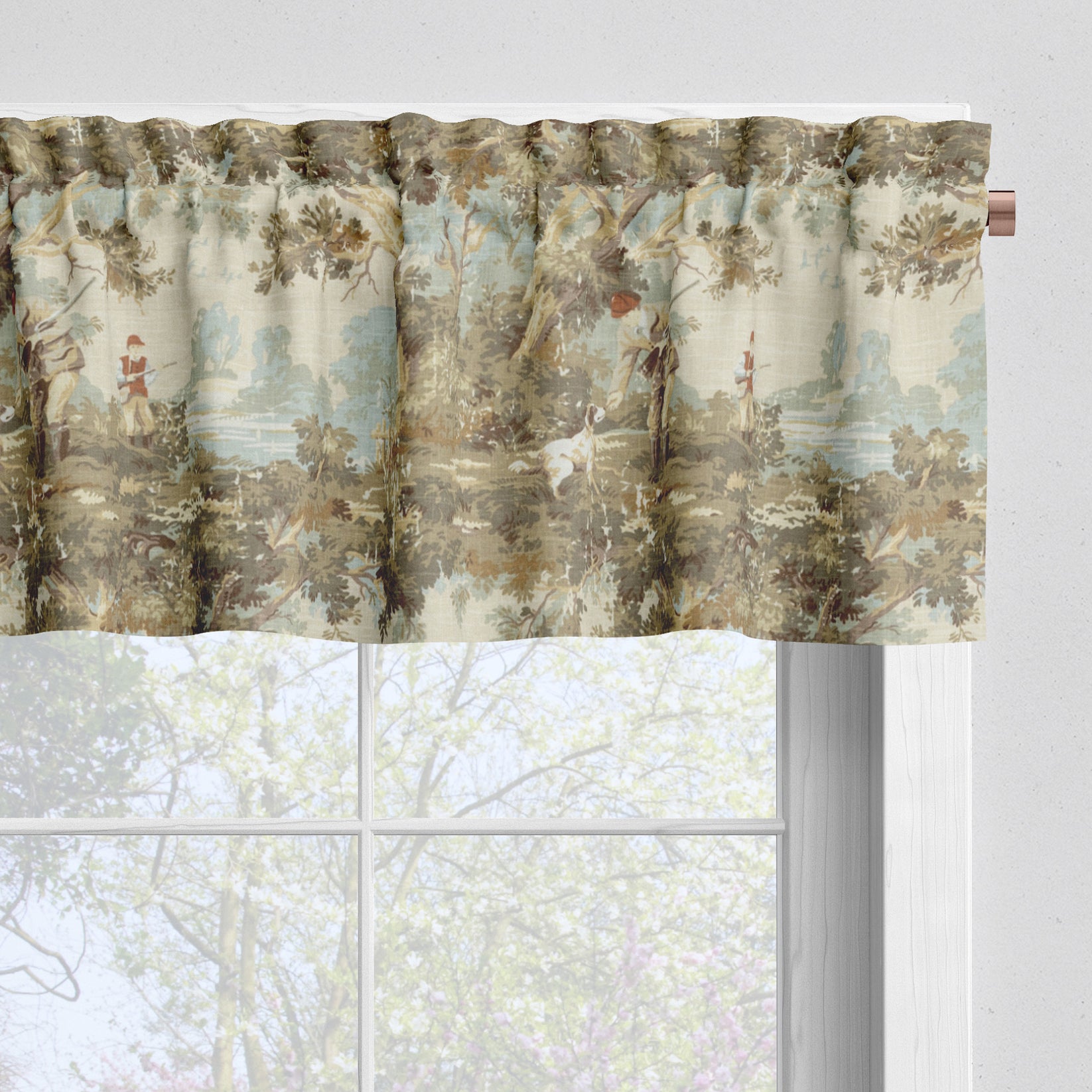 Carolina Linens Tailored Valance in Avondale Vintage Sportsman Toile